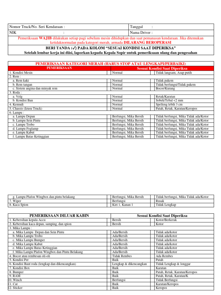 LK-PML Checklist Harian Kendaraan WTM Brimob-1 | PDF