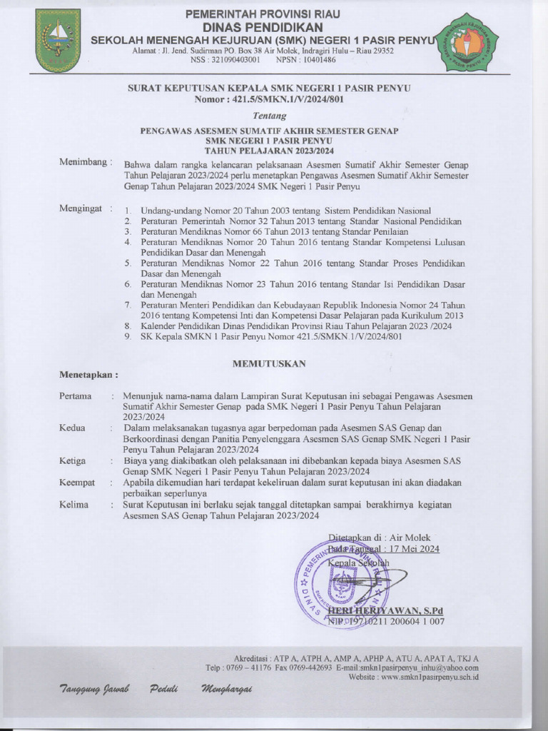 SK Pengawas Asesmen Sumatif Akhir Semester Genap Tp. 2023-2024 | PDF