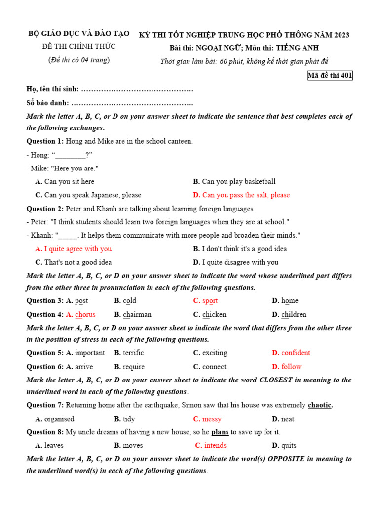 yVd4mTBZiw - Đề thi môn TIẾNG ANH tốt nghiệp THPT năm 2023 chính thức BGD - Mã đề 401 - Bản word ...