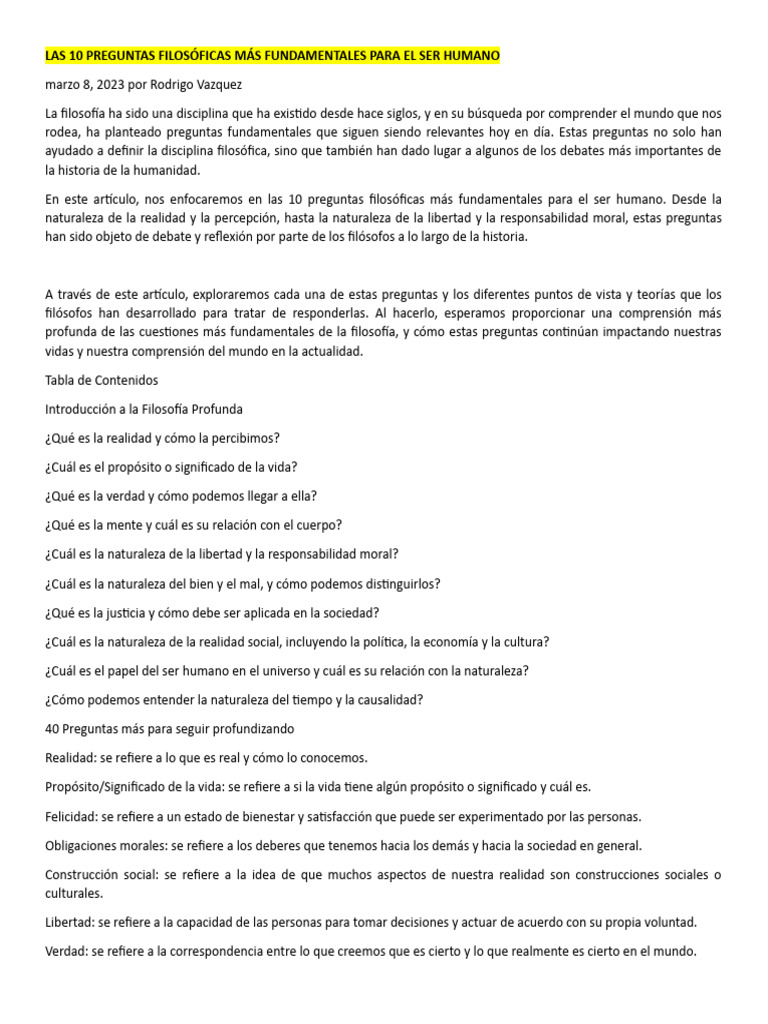 Las 10 Preguntas Filosóficas Más Fundamentales para El Ser Humano | PDF ...