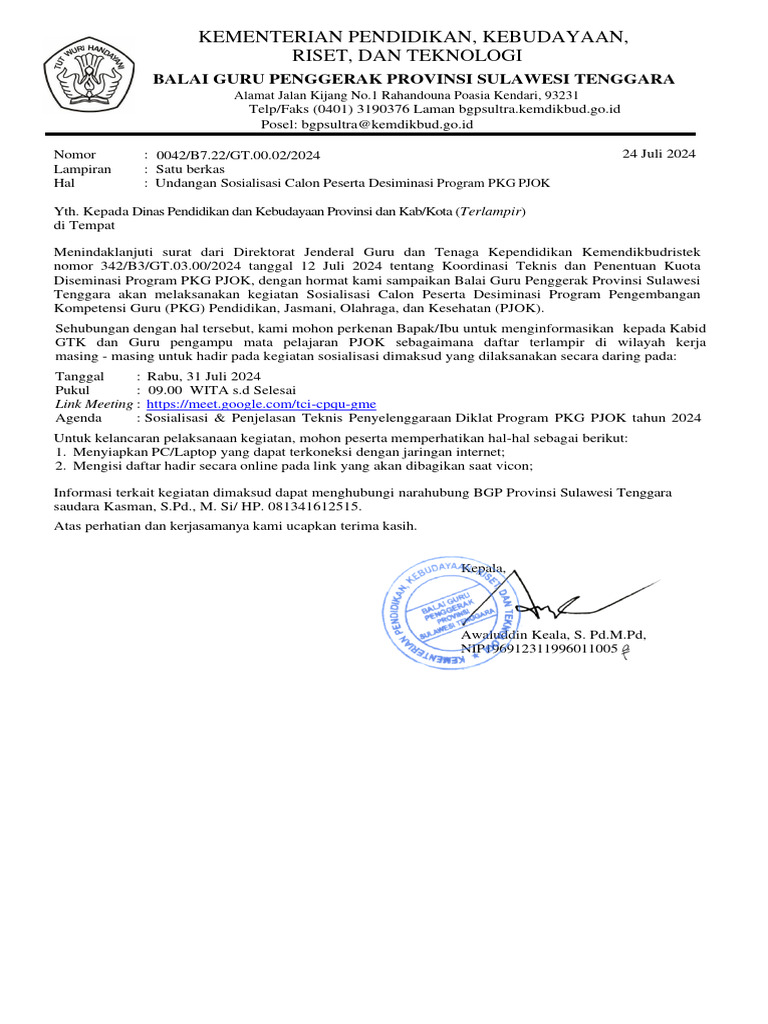 Kab Buton - Undangan Sosialisasi Calon Peserta Desiminasi Program PKG ...