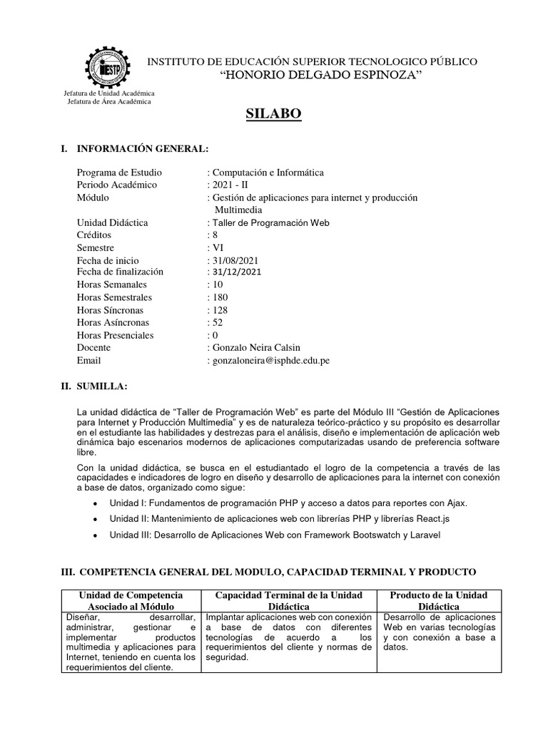2021 Silabo Taller de Programación Web | PDF | Mi sql | Php