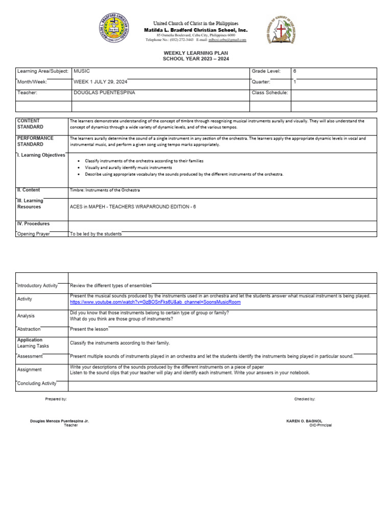 Grade 6 - Weekly Learning Plan - Week 1 - Timbre | PDF | Learning | Orchestras