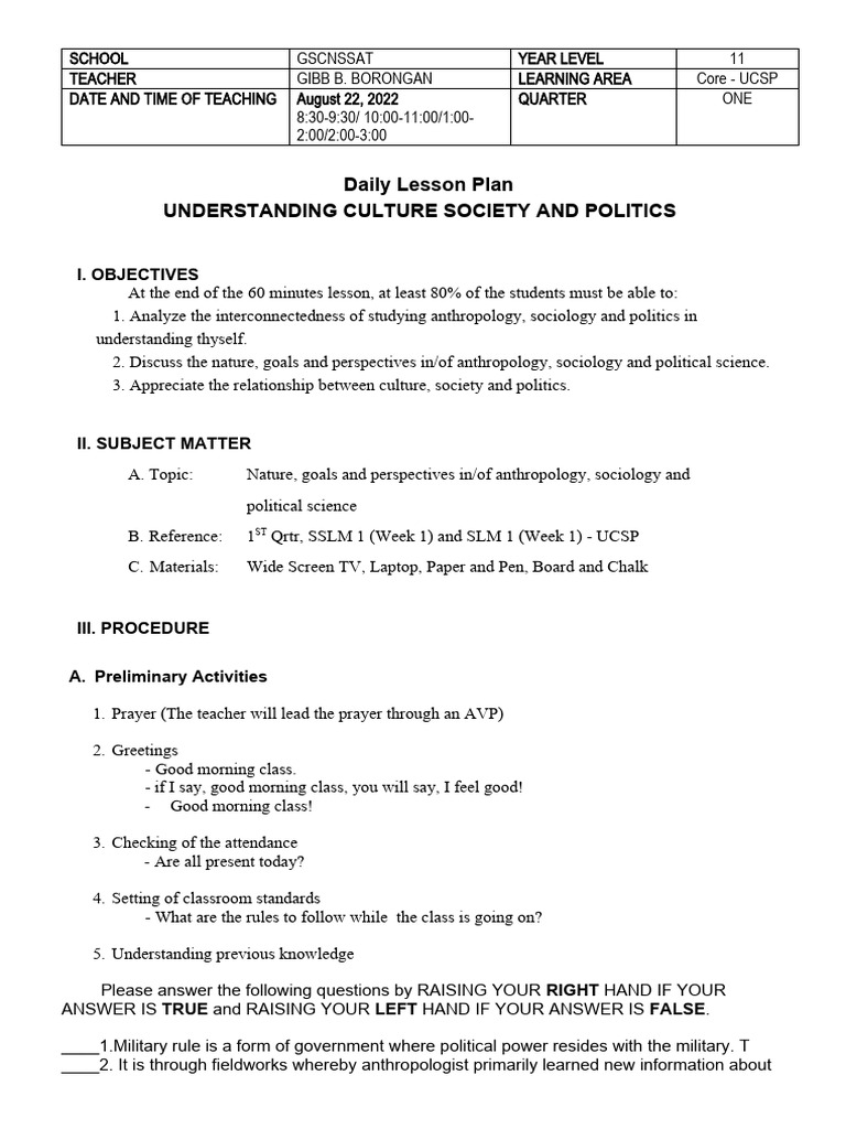 Day 1 Lesson-Plan-in-UCSP | PDF | Anthropology | Sociology