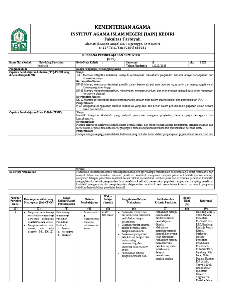 Metodologi Penelitian Kualitatif (TEMPLATE RPS IAIN KEDIRI) (30082019 ...