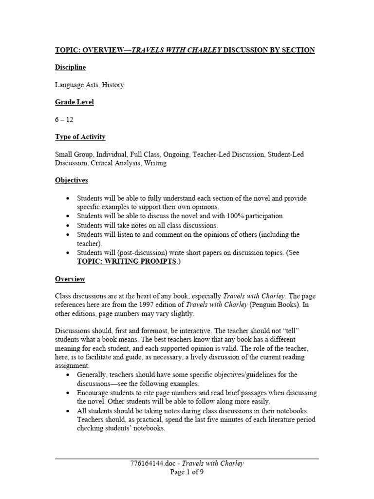 Student Guide: Travels with Charley | PDF | John Steinbeck