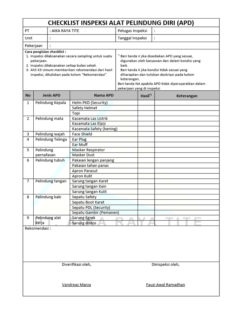 Checklist Inspeksi APD | PDF