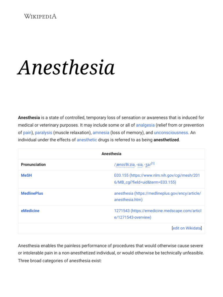 Anesthesia - Wikipedia | PDF | Anesthesia | Surgery