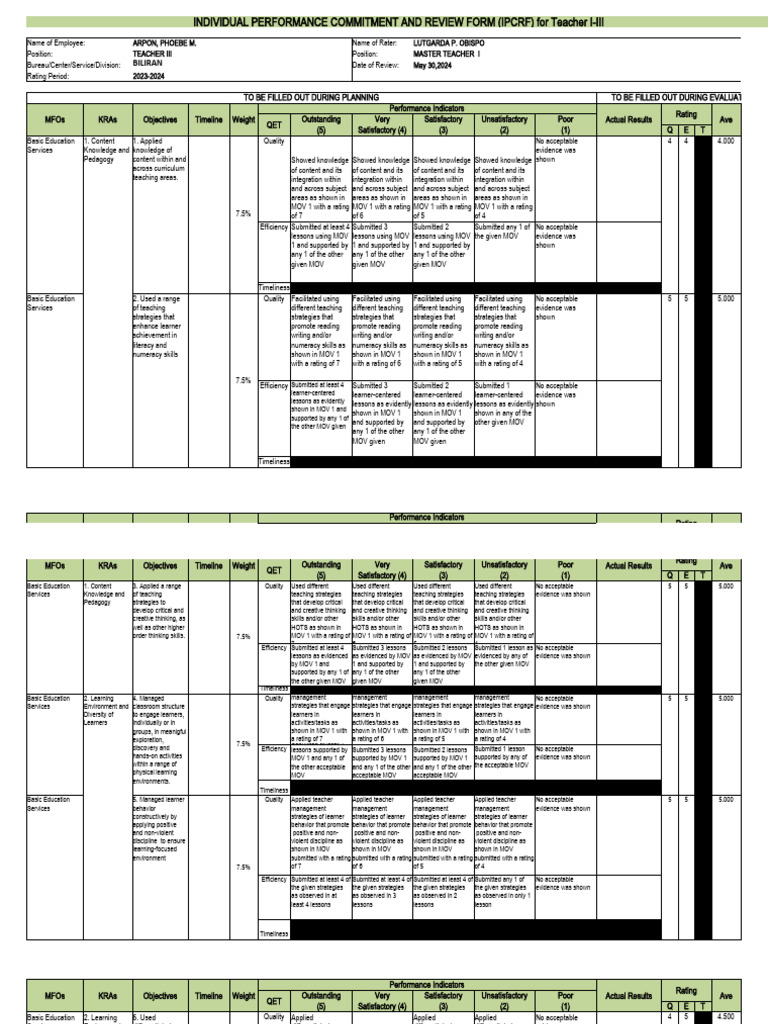 Standard IPCRF 2024 For Teachers Final Version (Fixed Cells To Fit 8.5 ...