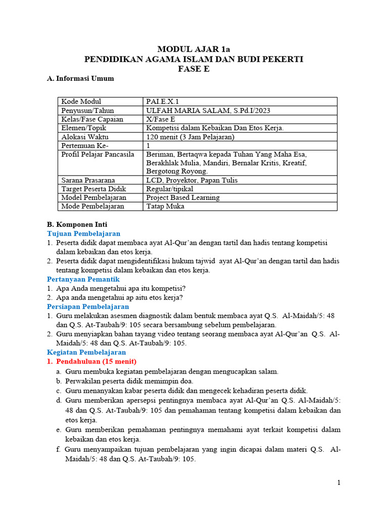 Modul Ajar Pai Sma Kelas X Bab 1 | PDF
