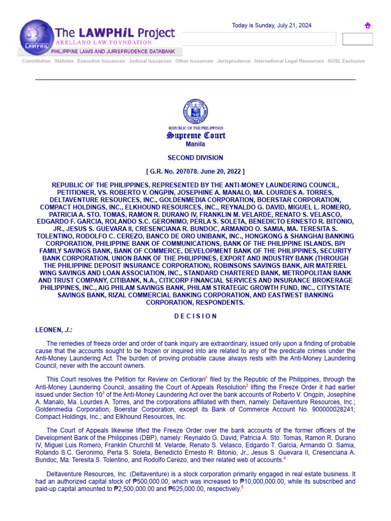 (AMLC - Forfeiture) Republic vs. Ongpin G.R. No. 207078 | PDF