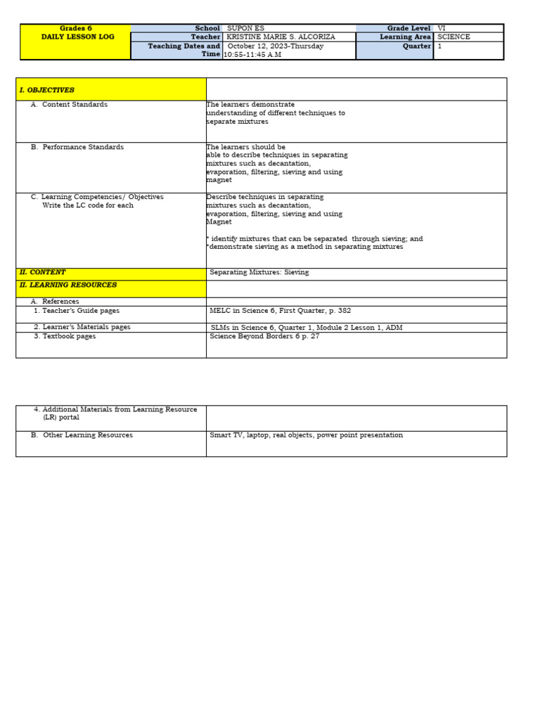 Lesson Plan in Science 6-Separating Mixtures (Sieving) | PDF