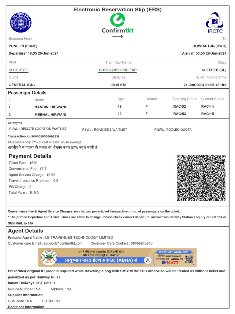 Electronic Reservation Slip (ERS) : Passenger Details | PDF | Identity ...