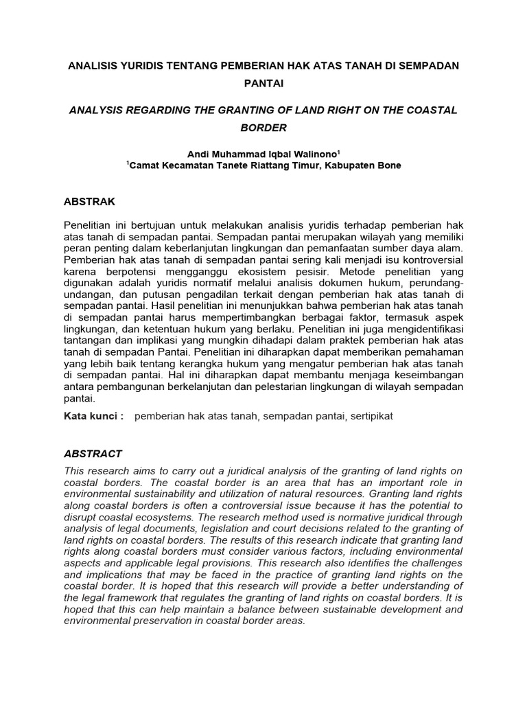 Analisis Yuridis Tentang Pemberian Hak Atas Tanah Di Sempadan Pantai | PDF