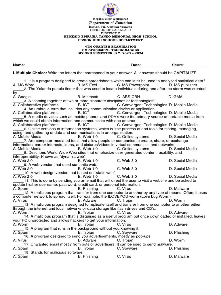 Final Exam Empowerment With Key | PDF | Malware | Peer To Peer