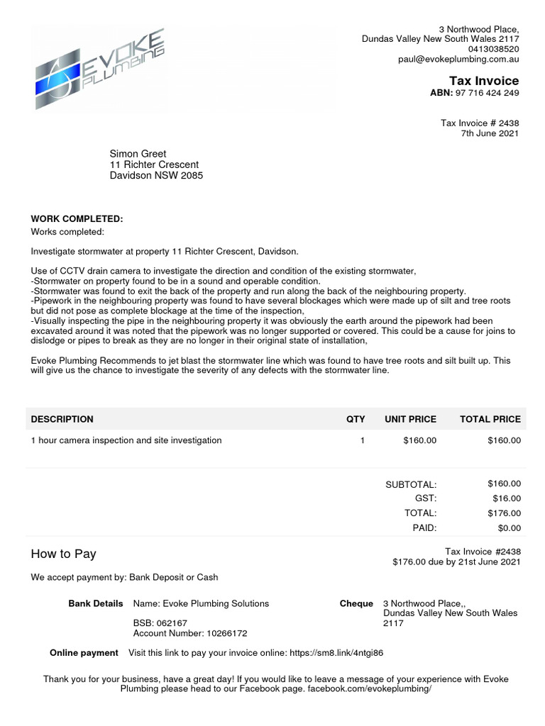 Evoke Plumbing Solutions Invoice #2438 | PDF | Payments | Cheque