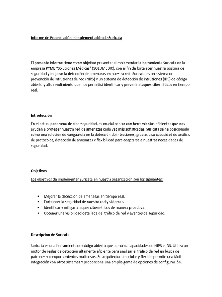 Implementación de Suricata en SOLUMEDIC | PDF | Cortafuegos (informática) | Tecnologías de la ...