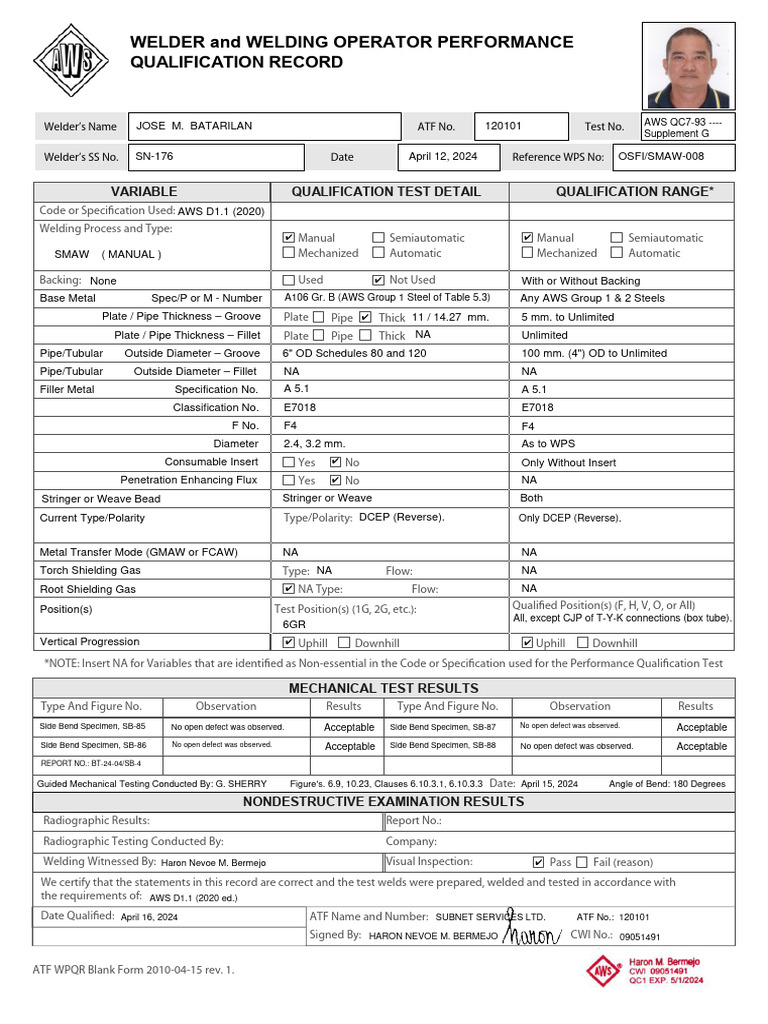 Welder Performance Qualification Record | PDF | Pipe (Fluid Conveyance ...