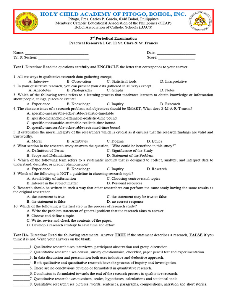 Practical Res. 1 3rd Periodical Exam | PDF | Qualitative Research | Quantitative Research