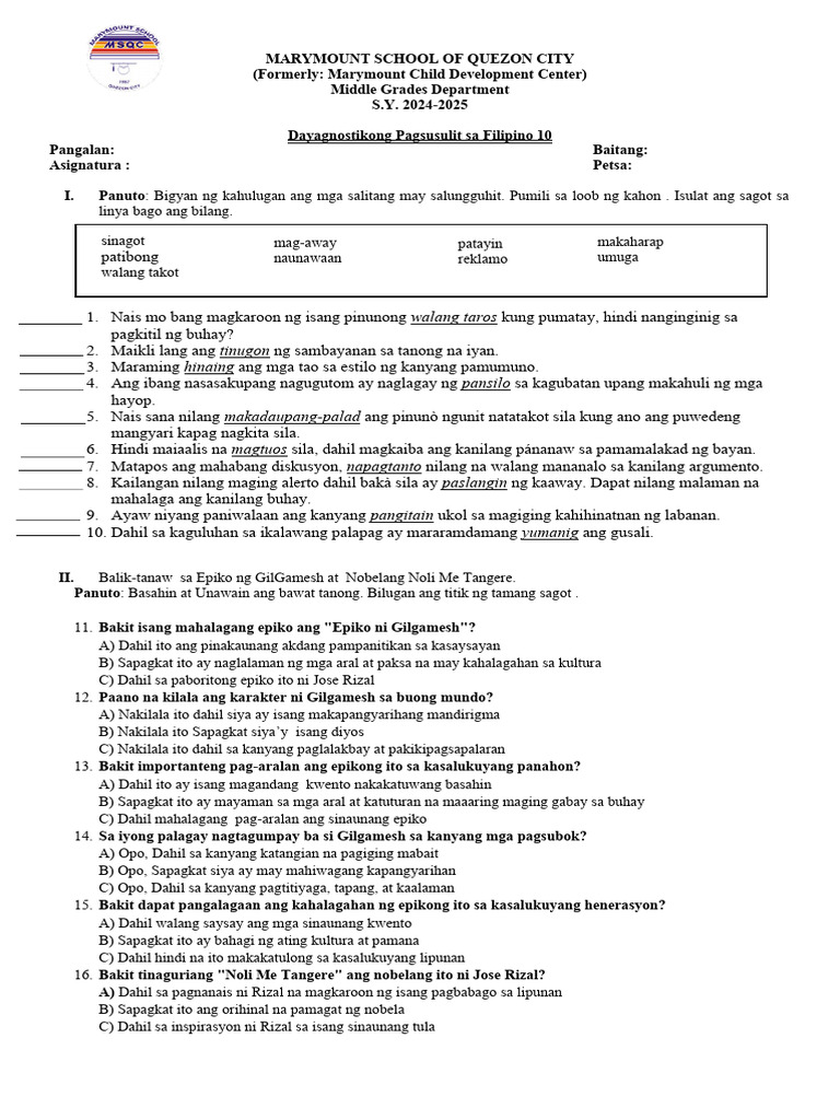 Diagnostic Test Grade 10 Fil | PDF