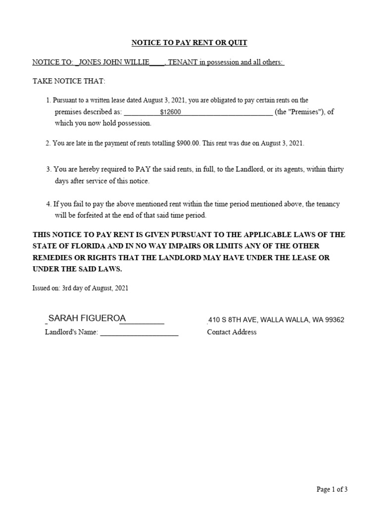 Notice To Pay Rent or Quit | PDF | Lease | Leasehold Estate