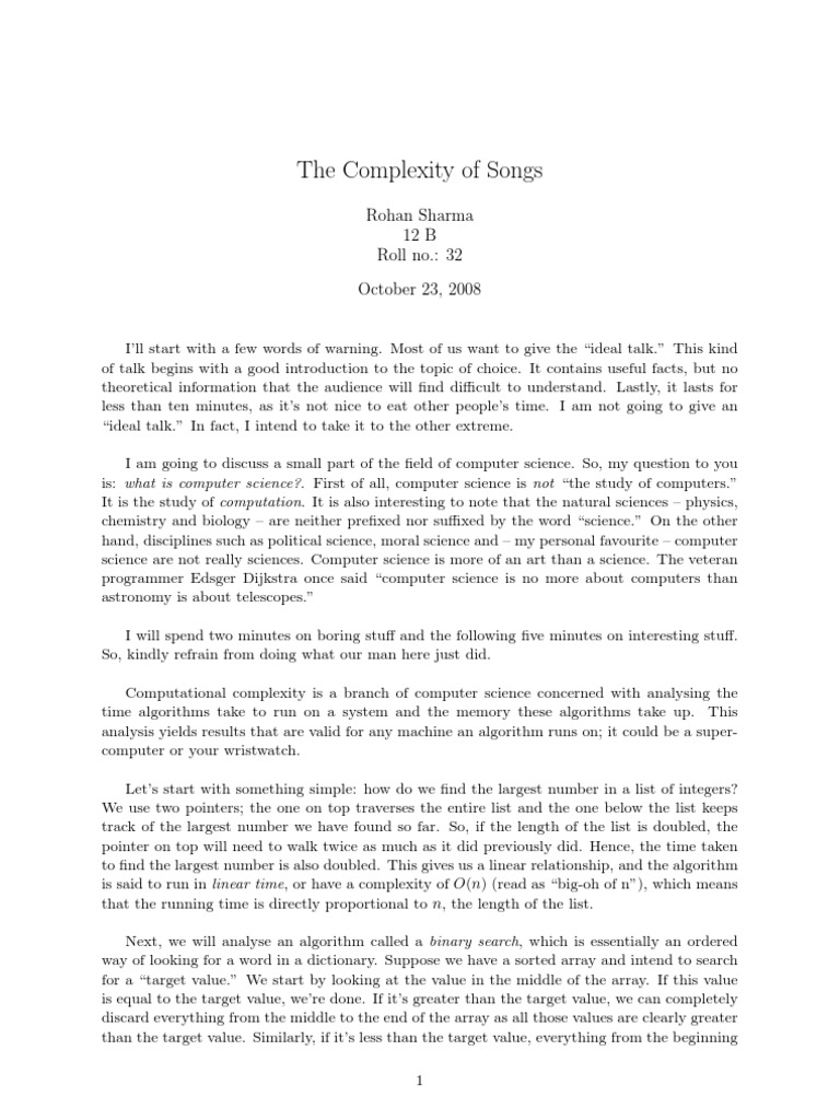 Analyzing Song Complexity in CS | PDF | Time Complexity | Areas Of ...