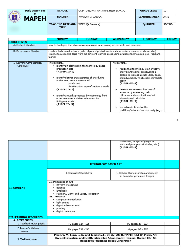 Mapeh 10 Arts | PDF | Application Software | Learning