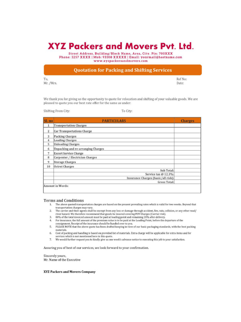 Microsoft Word Packers and Movers Quotation Format | PDF