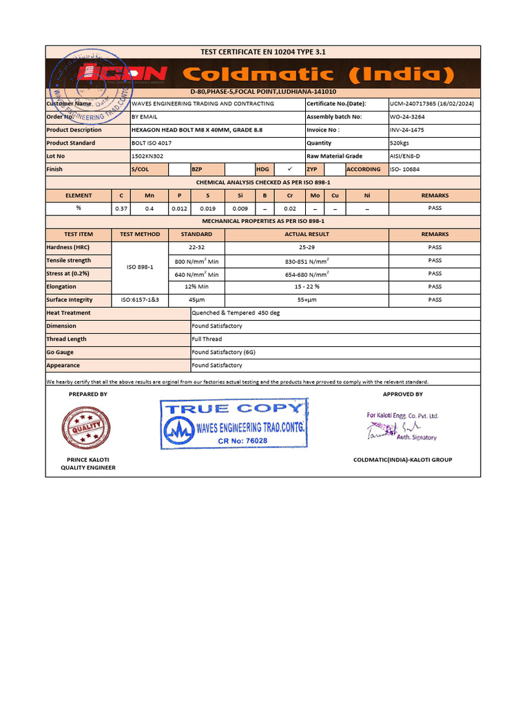 HDG HEX BOLT M8x40-MTC | PDF | Screw | Materials