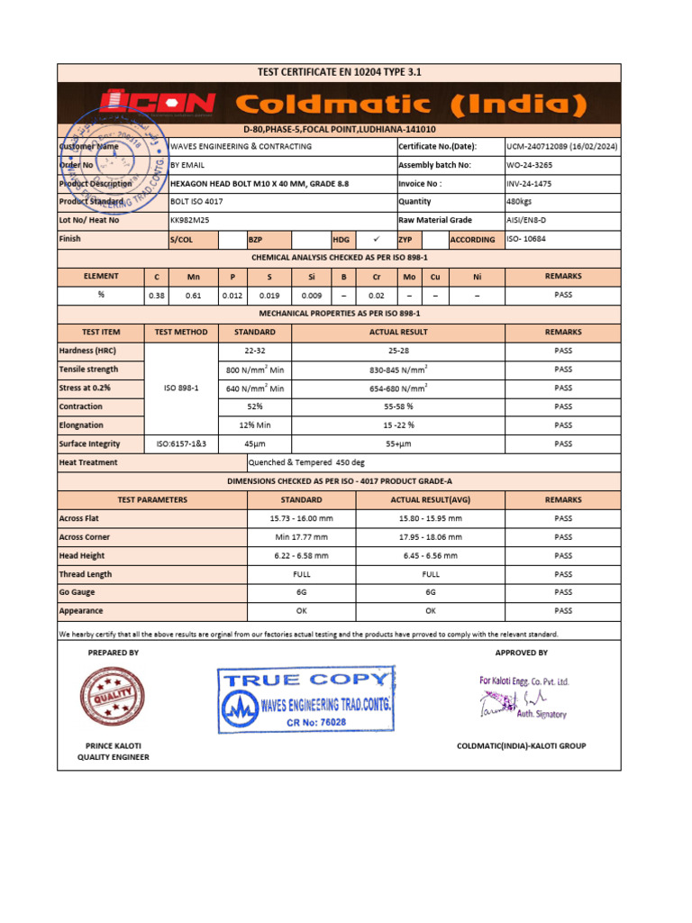 HDG HEX BOLT M10x40-MTC | PDF | Screw | Materials