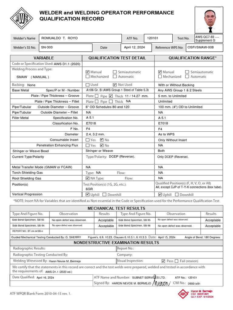6GR SMAW WQTR - R. Royo (SN-303) | PDF | Pipe (Fluid Conveyance) | Welding