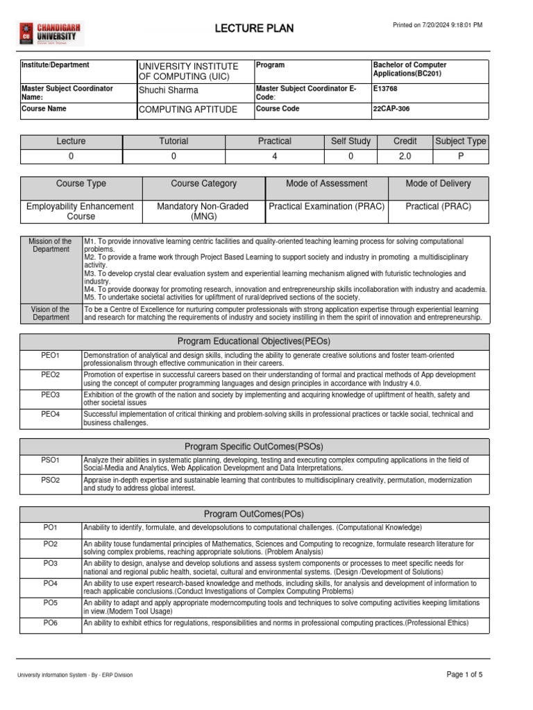 LecturePlan BC201 22CAP-306 | PDF | Knowledge | Cognition