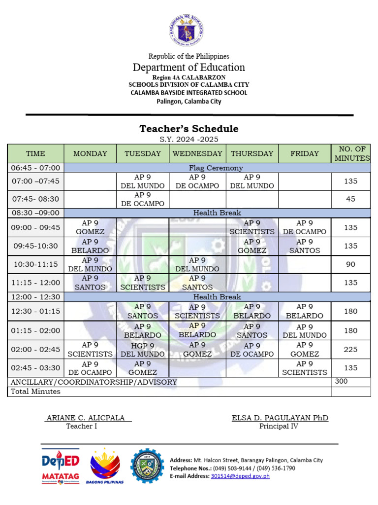 Teachers Schedule With No. of Minutes MATATAG TEMPLATE 1 | PDF