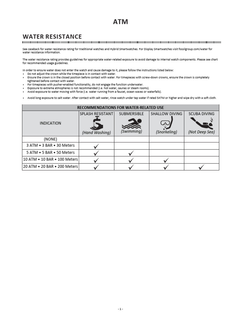 Watch Water Resistance and Settings Guide | PDF | Clock | Watch