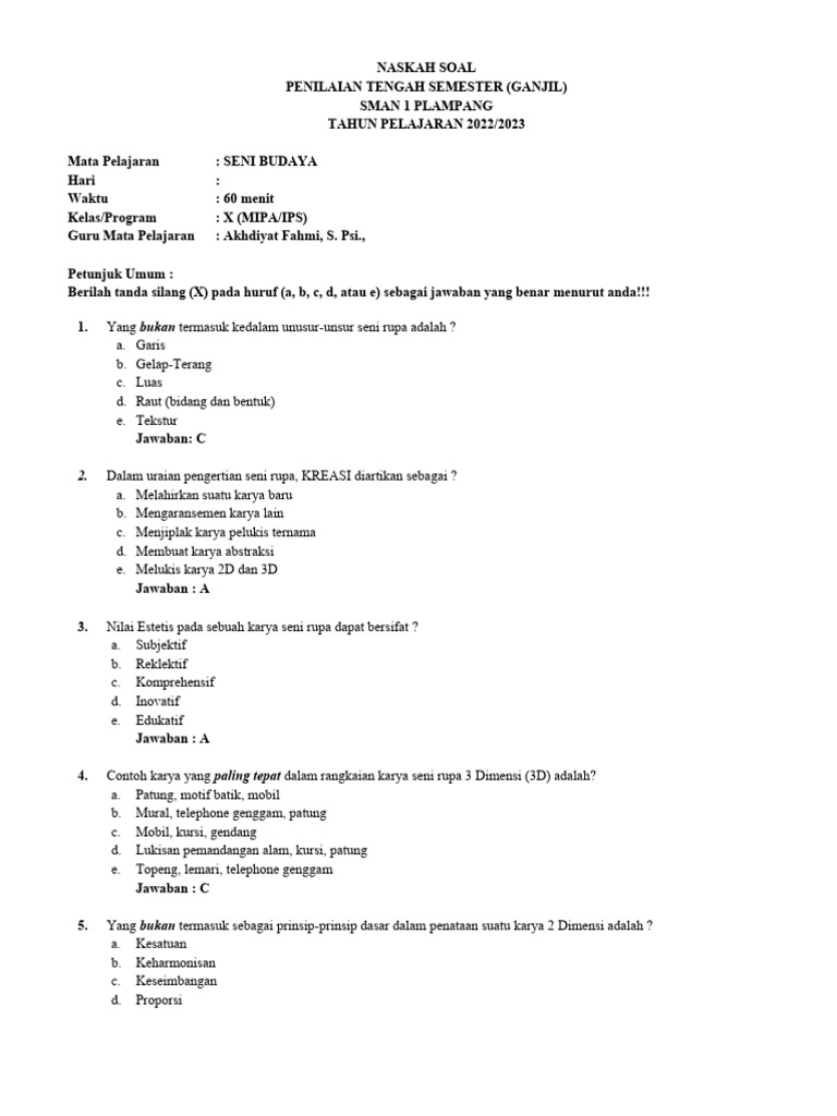 Naskah Soal Seni Budaya Kelas X PTS (Ganjil) 2022-2023 | PDF