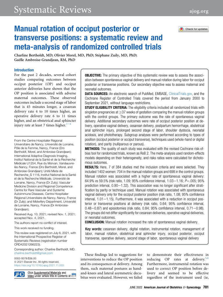 Manual Rotation for Occiput Posterior Delivery | PDF | Childbirth ...