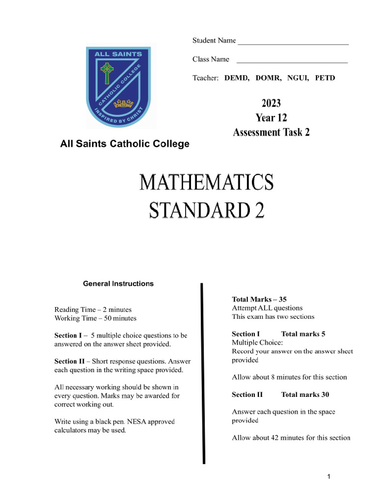 2023 Yr12 Maths Standard 2 Task 2 | PDF | Triangle | Equations
