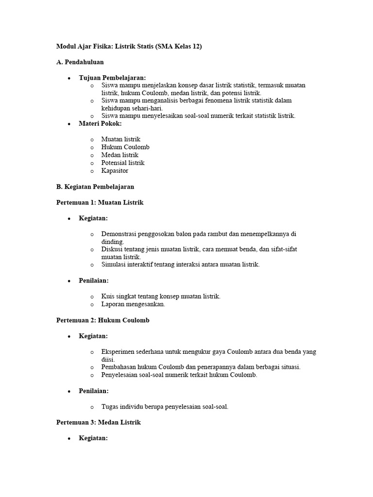 Modul Ajar Listrik Statis SMA Kelas 12 | PDF