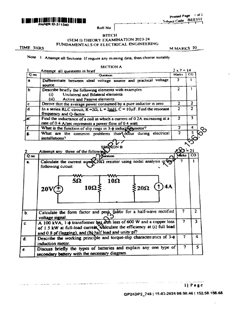 Btech 1 Sem Fundamentals of Electrical Engineering Bee101 Mar 2024 | PDF