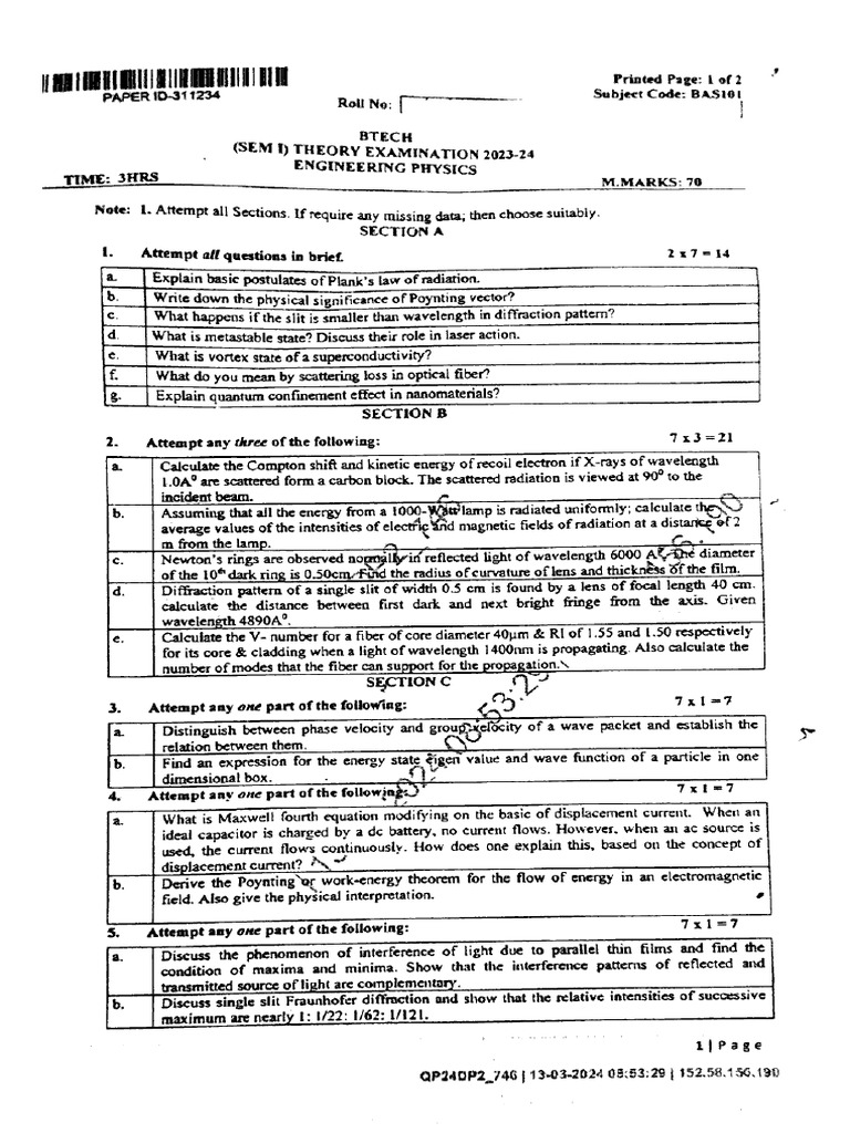 Btech 1 Sem Engineering Physics Bas101 Mar 2024 | PDF