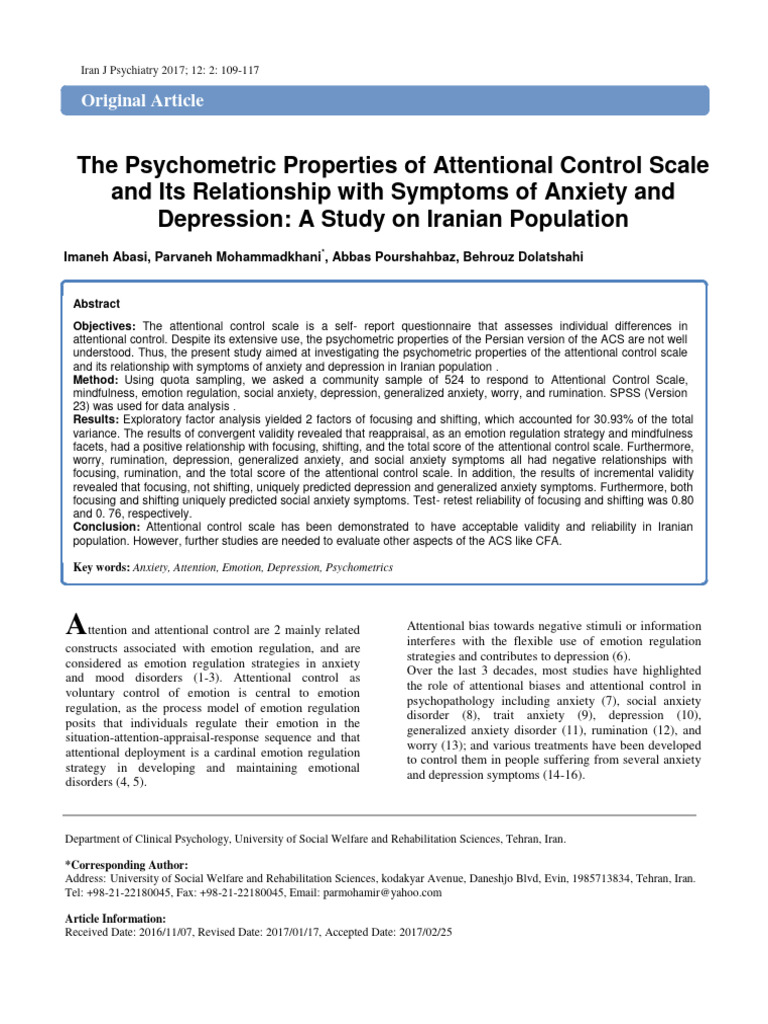 Psychometric Analysis of Attentional Control Scale | PDF | Emotional ...