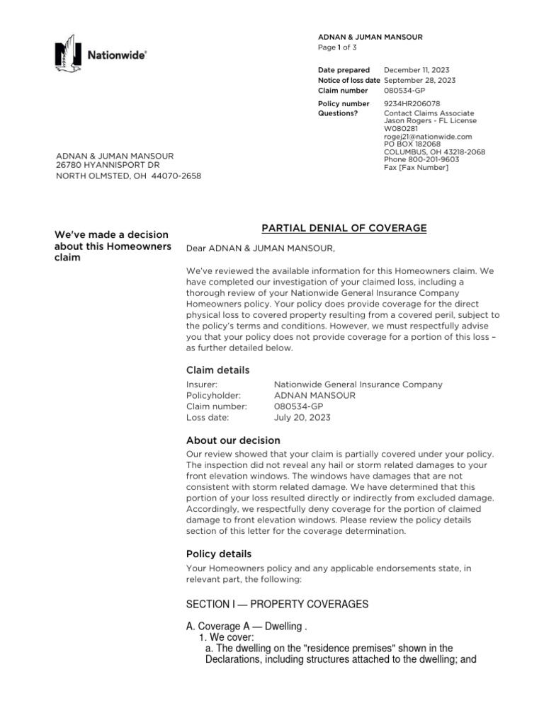 Homeowners Claim Partial Denial Notice | PDF | Home Insurance | Insurance