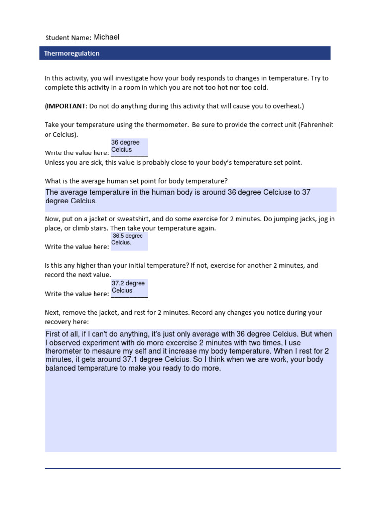 Thermoregulation Activity Worksheet | PDF | Wellness