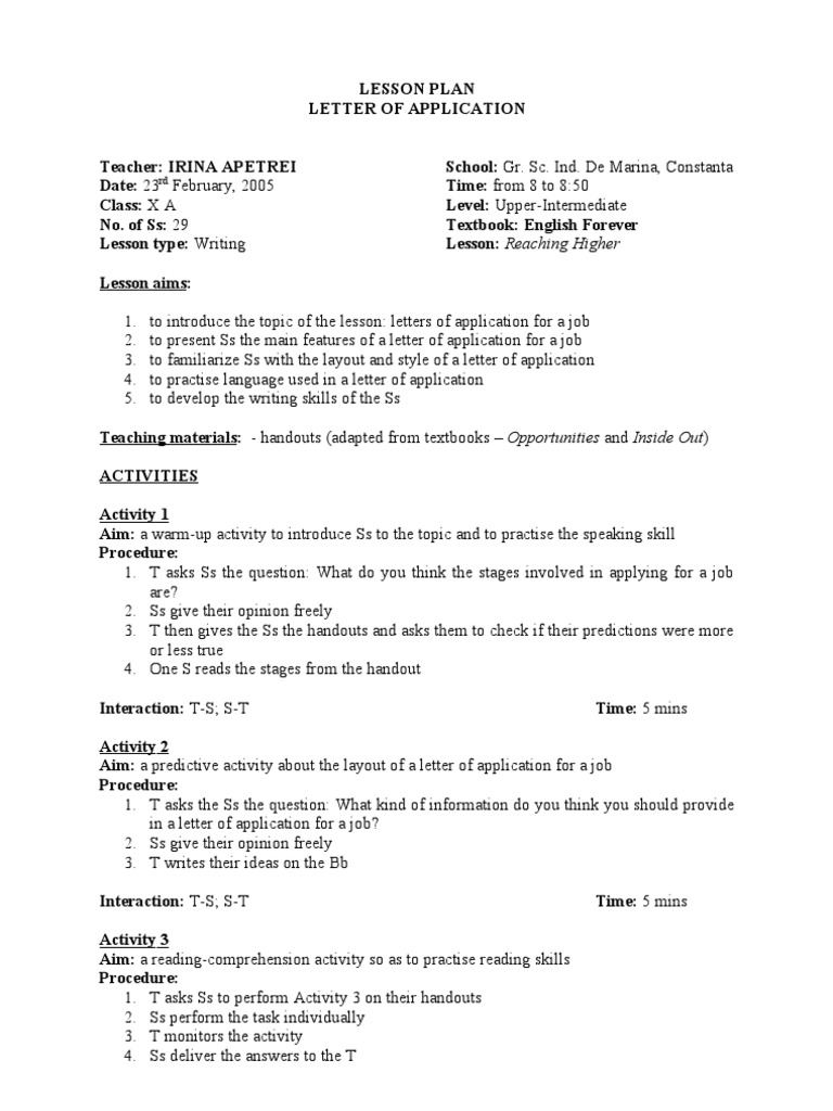 Job Application Writing Class | PDF | Lesson Plan | Teachers