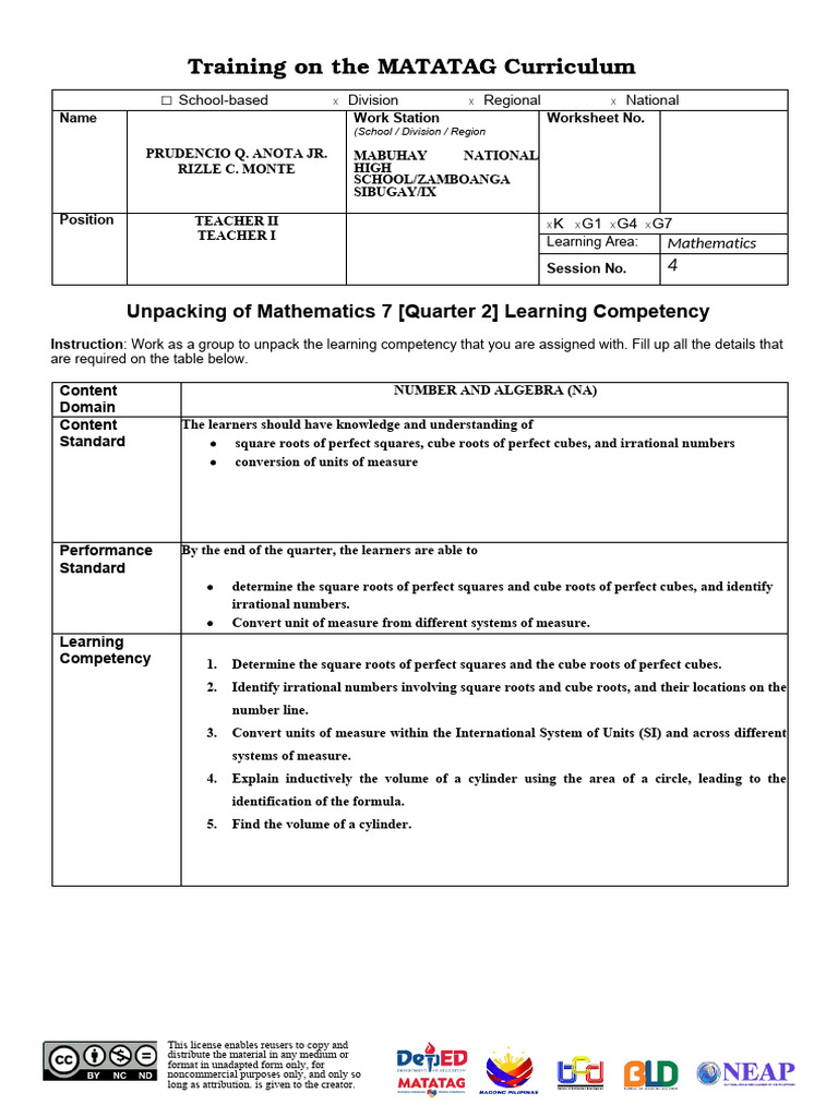 Unpacking Learning Competency2nd | PDF | Area | Volume
