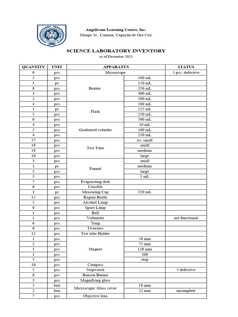 Science LAboratory Inventory | PDF | Equipment
