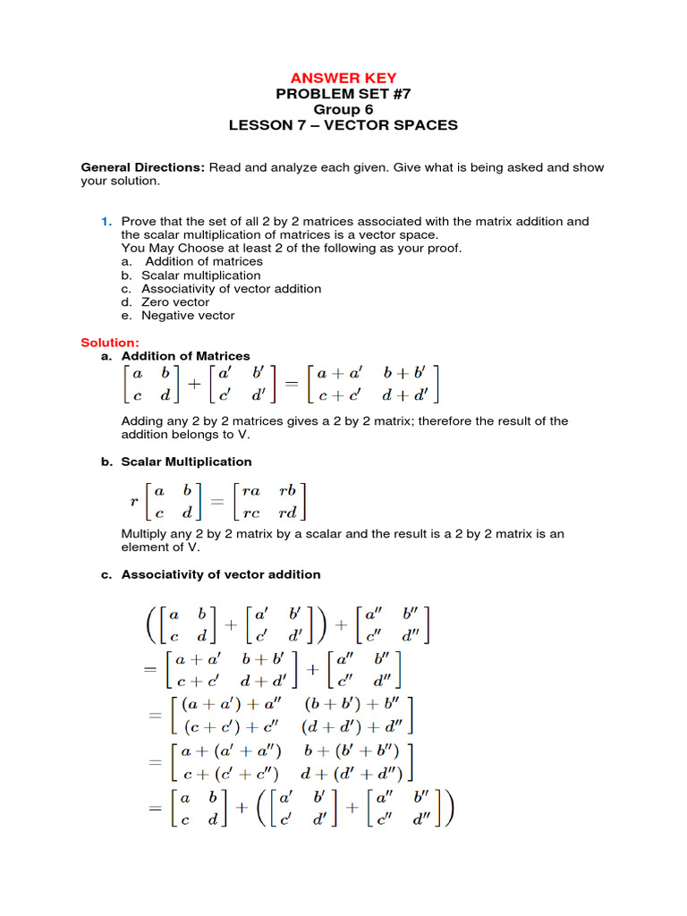 ANSWER KEY To PROBLEM SET 7 Group 6 - Lesson 7 | PDF | Vector Space | Linear Subspace