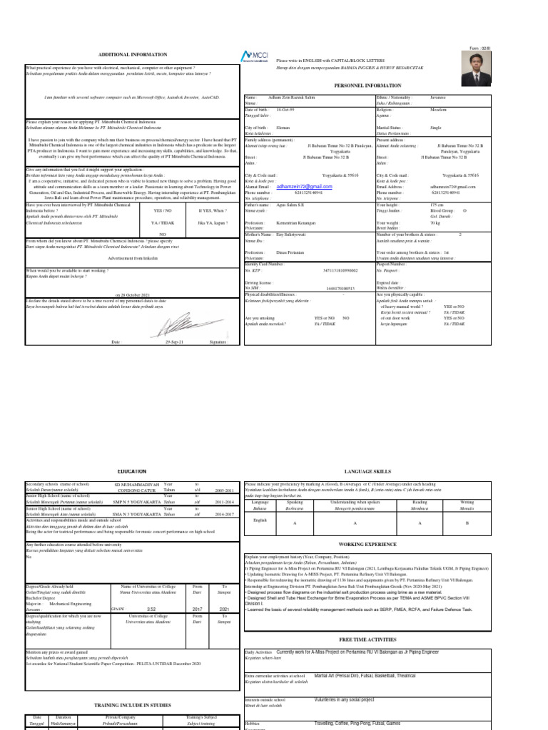 Job Application Form for Mitsubishi Chemical | PDF | Steam | Boiler
