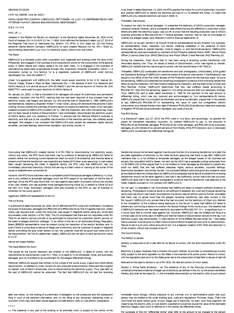 MERALCO vs. Lucy Yu: Electricity Disconnection Case | PDF | Damages | Witness