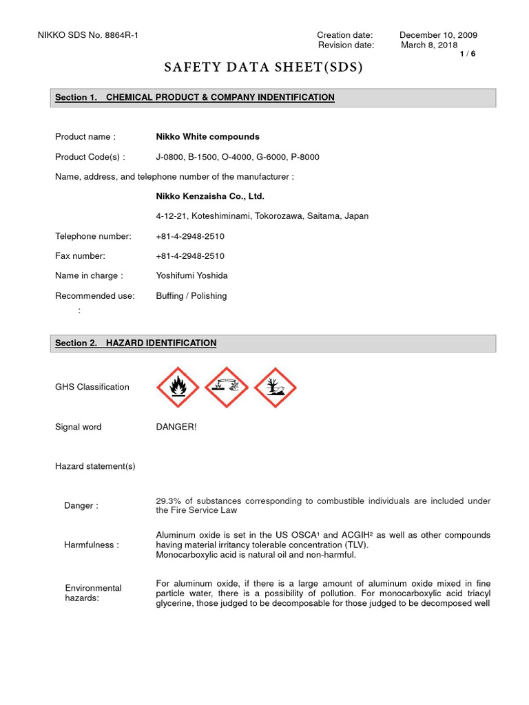 Safety Data Sheet (SDS) : Section 1. Chemical Product & Company ...